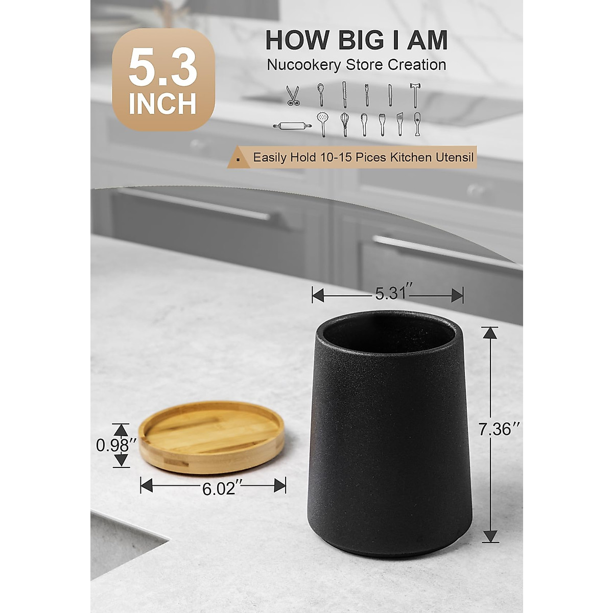 Nucookery 360° Rotating Utensils Holder, 8.2" Extra High Large Ceramic Kitchen Utensil Holder with Countertop-Protection Cork Bottom, Farmhouse Kitchen Decor for Counter (Stone Black)