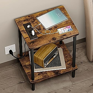 Fixwal 2-Tier Nightstand with Charging Station, End Table Set of 2, Side Table with USB Ports and Power Outlets, Side Table for Living Room, Bedroom, Rustic Brown and Black