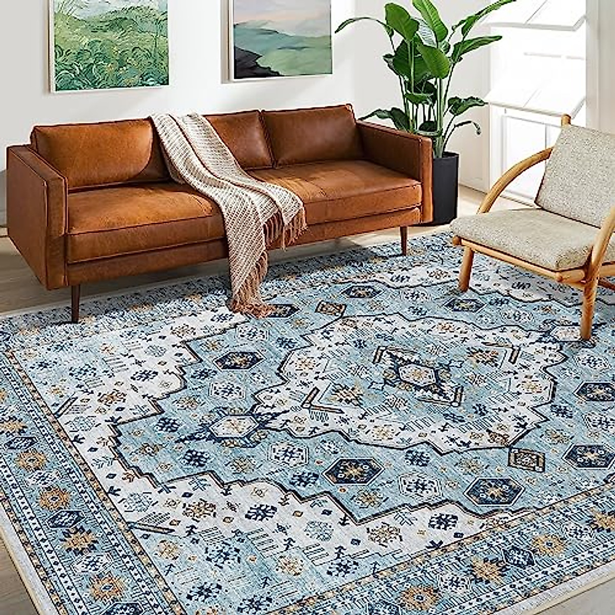 Washable Rug Living Room Rugs: 8x10 Area Rug Large Boho Medallion Distressed Carpets Indoor Soft Floor Anti Slip Carpet for Under Dining Table Bedroom Farmhouse Home Office - Cyan Blue/Beige