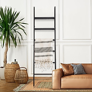 HYBDAMAI Blanket Ladder, 6-Tier Wooden Quilt Stand, Decorative Ladder Shelf, Leaning Shelf, Wall Leaning Blanket Ladder Towel Storage Rack for Living Room (Black)