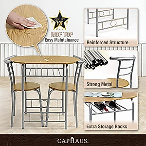 CAPHAUS 3 Pieces Dining Set for 2, Small Kitchen, Dining Room Table Set w/Steel Frame, 3 Pieces Patio Set w/Wine Rack, Small Dining Table Set for 2, Outdoor Dining Round Table Set, Black Oak