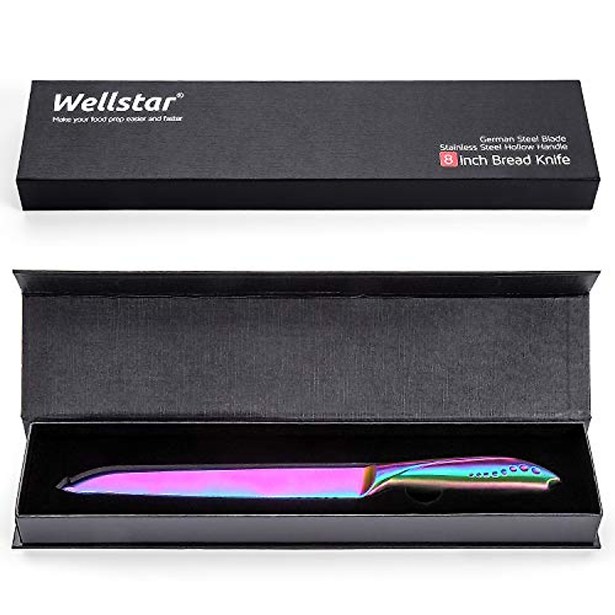 WELLSTAR Bread Knife 8 Inch, Serrated Bread Cutter, Ultra Sharp German Stainless Steel Blade and Comfortable Handle with Rainbow Titanium Coated for Slicing Breads Loaves Bagel Cake and Large Fruit