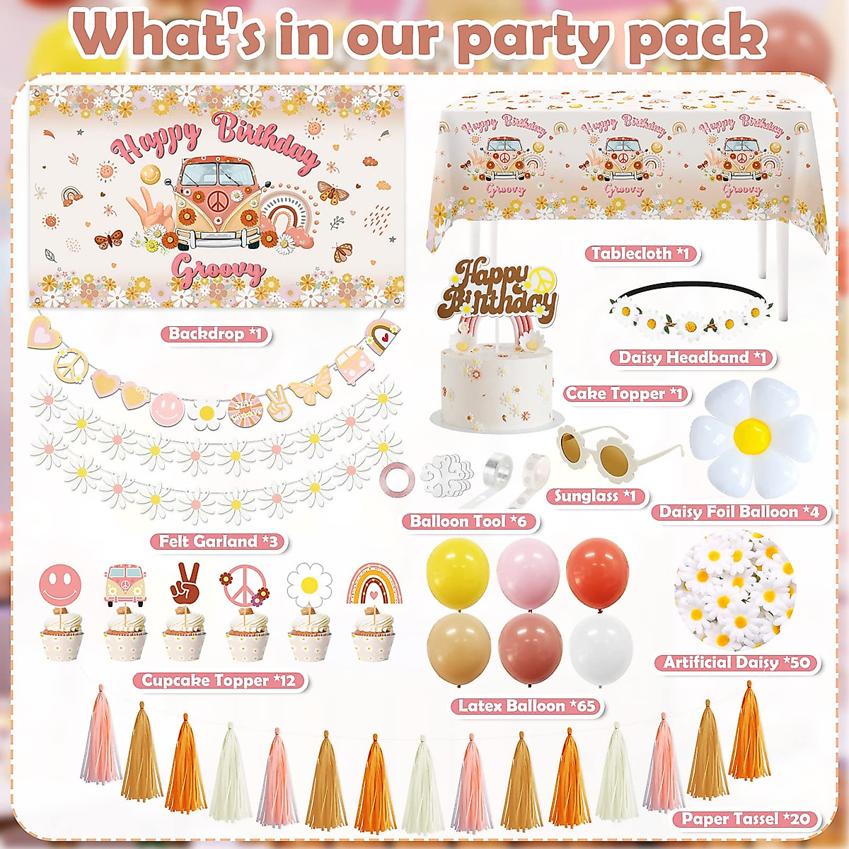 Groovy Birthday Party Decoration Pack 165Pcs, Retro Hippie Boho Daisy Party Favors Including Backdrop, Tablecloth, Tassel, Garlands, Sunglasses Headband Party Supplies for Girls Baby Shower (Groovy)