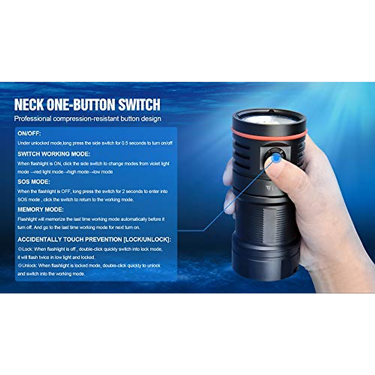 TrustFire DF50 Scuba Diving Light, 6500 Lumens Video Camera Photography Dive LED Flashlight, USB Rechargeable Torch, 70M Underwater, Super Bright, with Violet Red White Lights