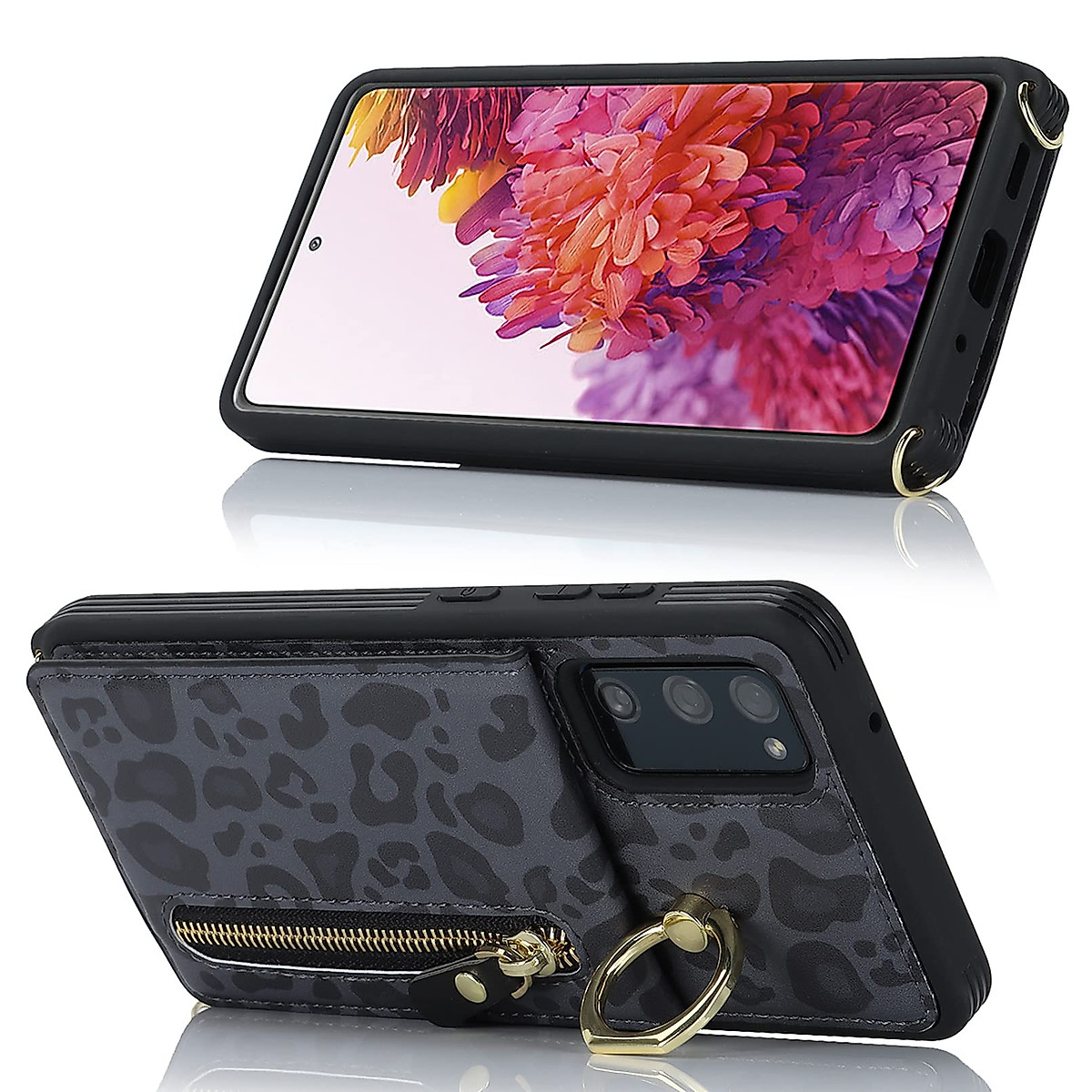 Jaorty for Samsung Galaxy S20 FE 5G Phone Case for Women with Card Holder,Galaxy S20 FE Case Wallet Crossbody Lanyard with Strap,Credit Card Slots Kickstand Case with Ring Holder,6.5",Black Leopard