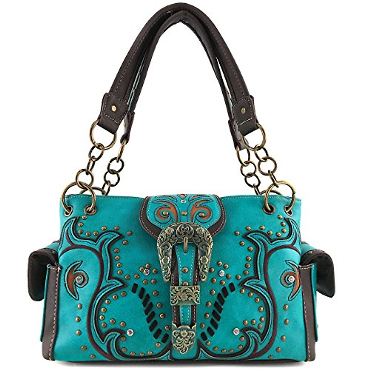 Justin West Patina Girl Western Bronze Floral Buckle Handbag Purse Tote and Strap Wallet (Turquoise Handbag and Wallet)