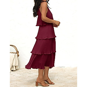 ZESICA Women's 2024 Summer Sleeveless Halter Neck Ruffle Tiered Layed Chiffon Flowy Swing Long Midi Dress,Wine,Medium