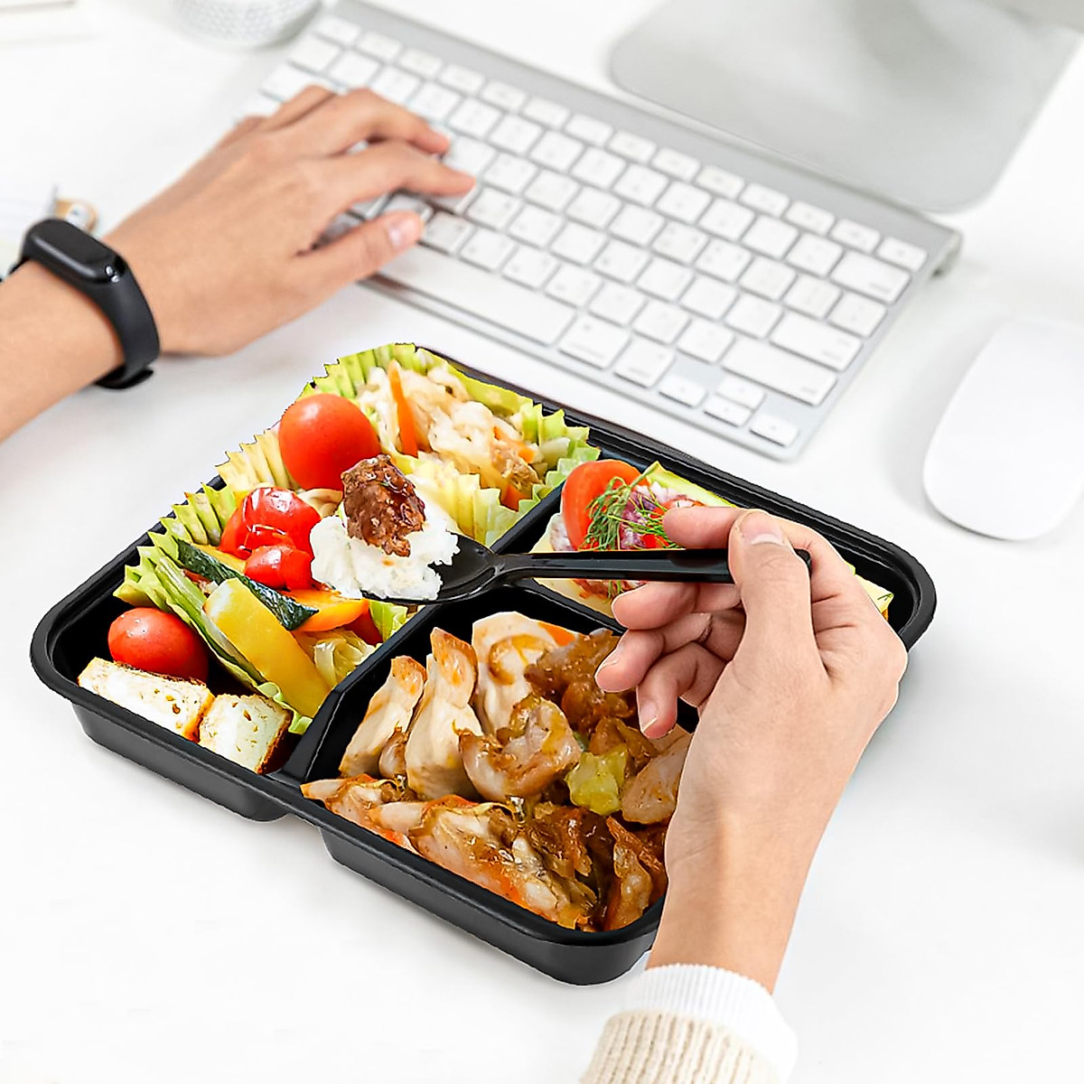 50 PACK, 32 oz. Meal Prep 3 Compartment Containers, Extra Large & Thick Food Storage Containers with Lids - BPA Free Stackable Microwavable & Dishwasher Safe, Travel, To Go, Bento Box, Black