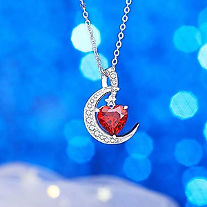 Qings Garnet January Birthstone Necklace - Red Heart Necklaces Crescent Moon S925 Family Birthstones Jewelry for Women Daughter