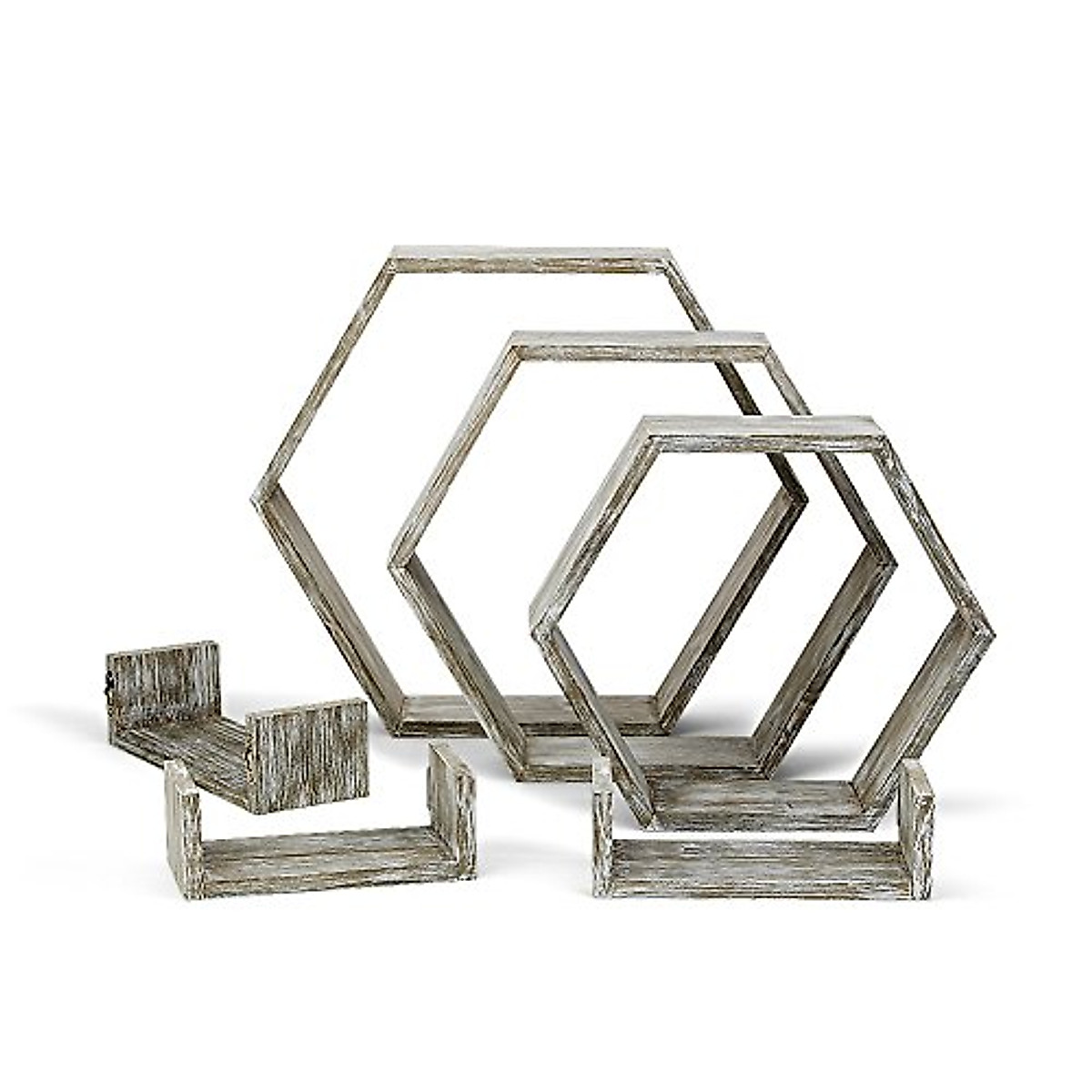 RR ROUND RICH DESIGN Wall Shelf Set of 6 - Rustic Wood 3 Hexagon Boxes and 3 Small Shelves for Free Grouping Driftwood Finish