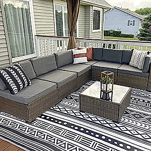 Kinsunny 7 Piece Outdoor Patio Furniture Set Wicker Sectional Sofa with 2 Pillows and Tea Table Patio Rattan Conversation Chair Sofa Set