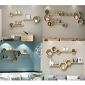 Aumneppa Hexagon Floating Shelves Set of 5, Wall Mounted Wood Farmhouse Storage Honeycomb Wall Shelf for Wall Decor, Bathroom, Kitchen, Bedroom, Living Room, Office and More (Natural)