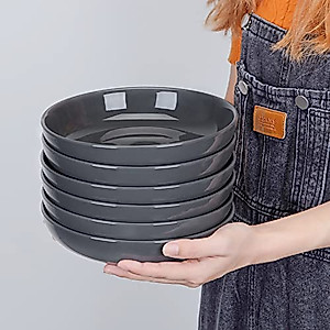 GlowSol Elegant Grey 8" Large Salad Serving Bowls, Ceramic Plates, Soup Bowls, Porcelain Pasta Bowls Set of 6, Microwave Dishwasher Safe, Wide and Flat Bowls