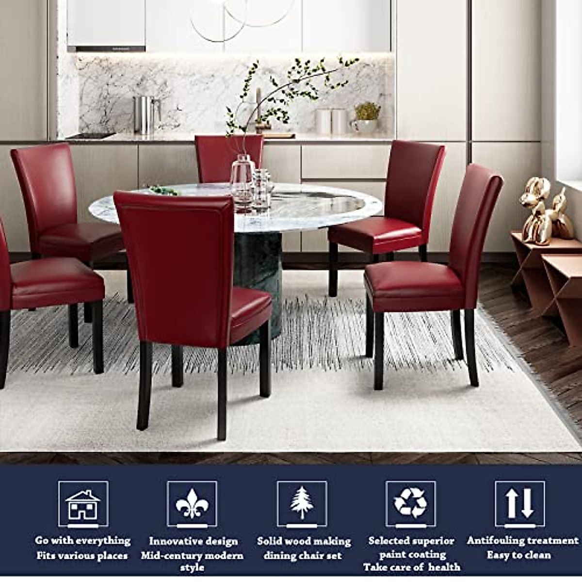 JESONVID Set of 2 Faux Leather Upholstered Parsons Dining Chair with High Backrest, Kitchen Accent Side Chairs with Solid Wood Legs Armless Dining Room Chair, Burgundy 1331RD