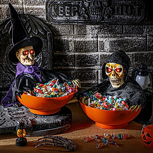 Roshtia 2 Pcs Halloween Candy Bowl Animated Skeleton and Witch Candy Bowl with LED Eyes and Creepy Sound Scary Trick or Treat Bowl Skull Screaming Candy Holder for Prank Props Party Decorations
