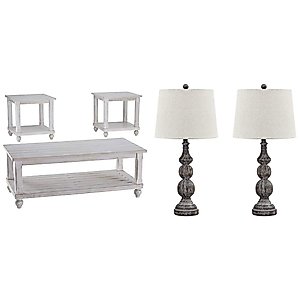 Signature Design by Ashley - Cloudhurst Contemporary 3-Piece Table Set; Two End Tables, White Wash Wood & Mair Poly Table Lamp - Farmhouse Style - Timeworn Finish - Black