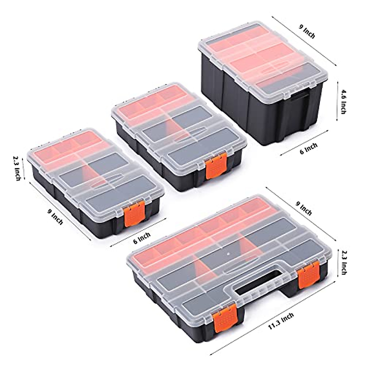 MIXPOWER 4 Piece Set Toolbox Hardware & Parts Organizers, Versatile and Durable Storage, Customizable Removable Plastic Dividers, storage and carry, Black/Orange