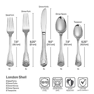 Towle London Shell 45-Piece 18/10 Stainless Steel Flatware Set, Service for 8