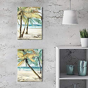 ARTISTIC PATH Beach Palm Trees Wall Art: Abstract Coastal Seascape Hand Painted Artwork Painting on Canvas Pictures for Living Room (12" W x 16" H x 2 PCS, Multi-Sized)