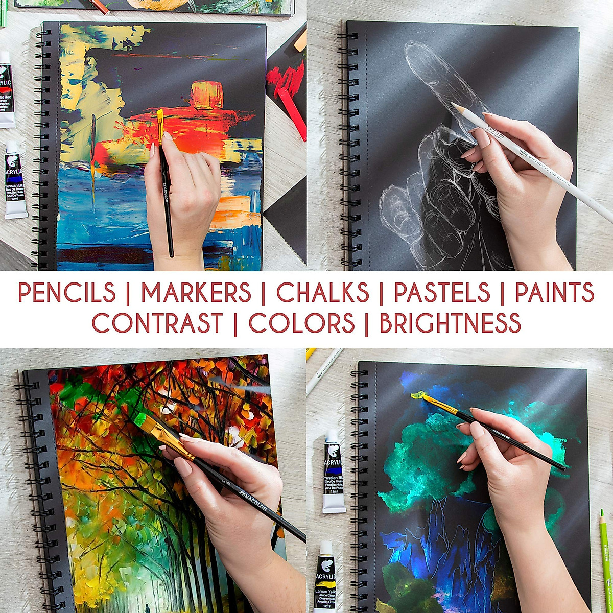 Black Sketchbook (Pack of 2, 60 Sheets) 9X12” - Heavyweight Paper 150GSM / 100 lbs, Perfect for Graphite & Colored Pencils, Charcoal, Chalk, Pack of 2 x Professional Black Drawing Paper ZENACOLOR