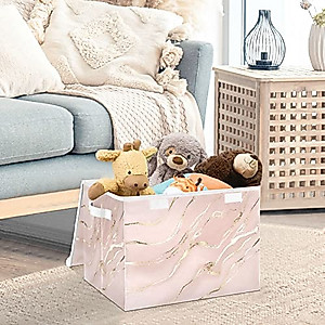 Kigai Storage Basket Rose Gold Abstract Marble Storage Boxes with Lids and Handle, Large Storage Cube Bin Collapsible for Shelves Closet Bedroom Living Room, 16.5x12.6x11.8 In