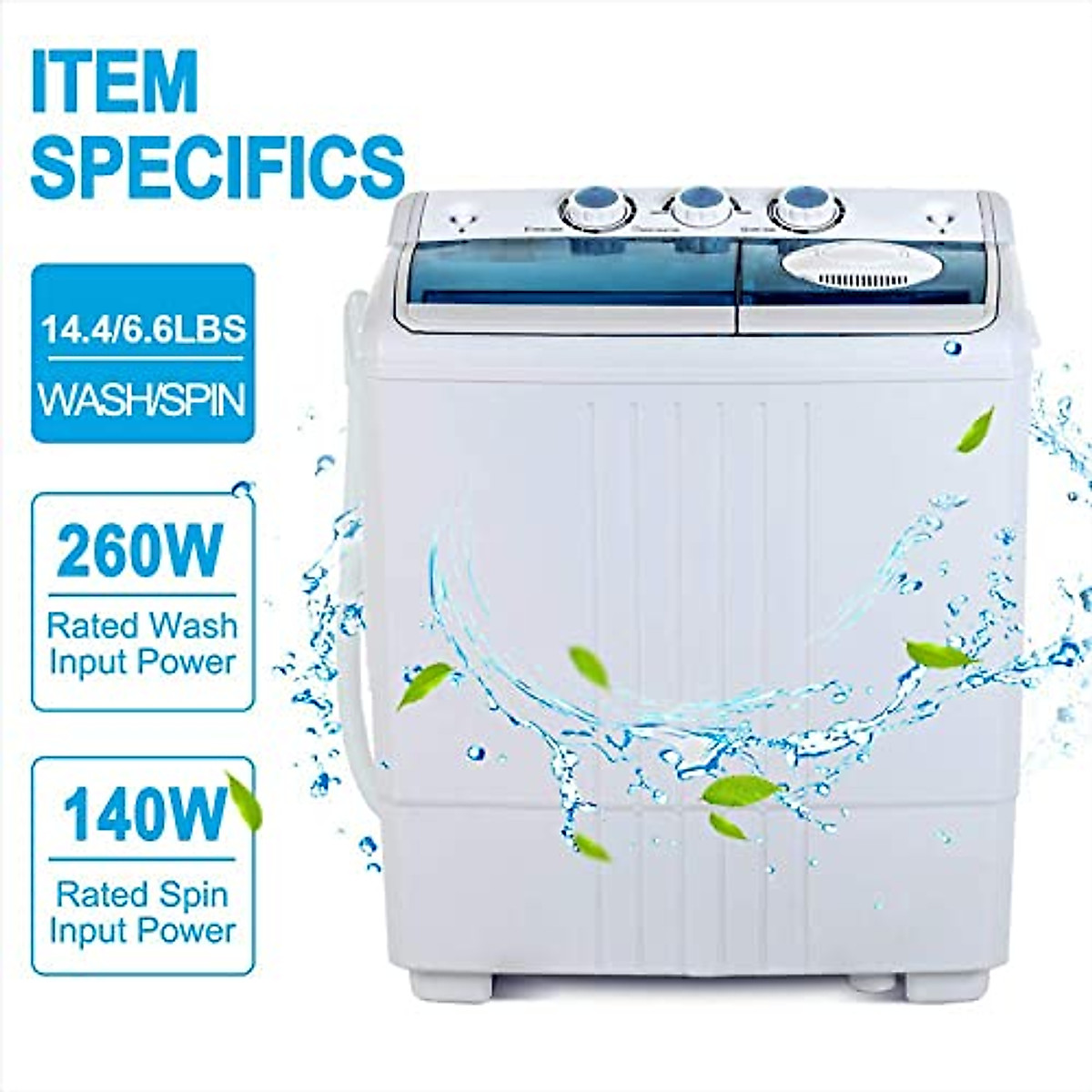 Mini Compact Washing Machine, Anpuce Portable Tub Laundry Washer 21lbs Washer(14.4Lbs) and Spinner(6.6Lbs), Cycle Combo Built-in Drain Pump/Semi-Automatic, for Camping, Apartments, Dorms, College Rooms, RV’s White&Blue