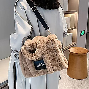 Fluffy Tote Bag, The Tote Bags for Women, Fuzzy Purse Top-Handle Crossbody Handbag Trendy Plush Tote Bag for Travel Work (brown)
