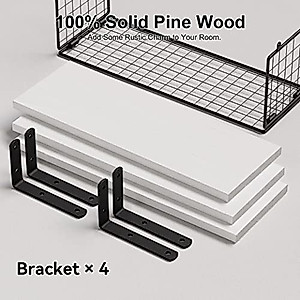 WOPITUES Bathroom Shelves Over Toilet, Floating Wall Mounted with Wire Basket, Wood Floating Shelf for Wall Décor, Bathroom Wall Décor Shelves–White