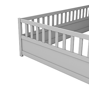 CITYLIGHT Full Floor Bed with High Rails, Wood Montessori Floor Bed with Door Design, Kids Full Bed Frame for Boys Girls Children,No Bed Slats,Grey