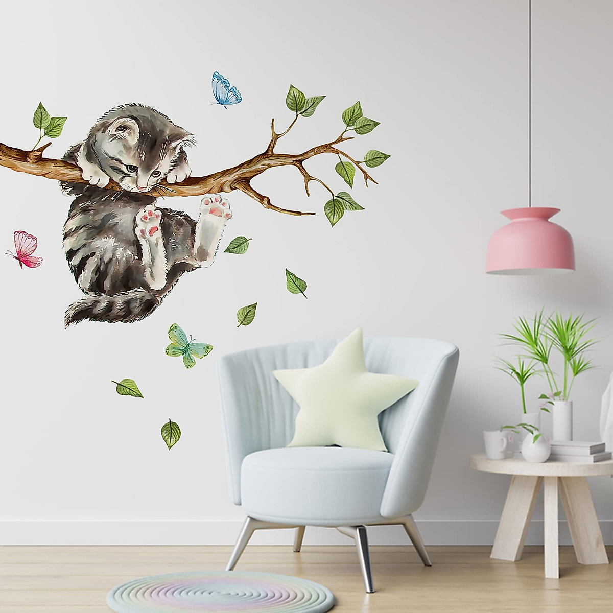 Yovkky Cat on Tree Branches Wall Decals Stickers, Kitty Animal Nursery Decor, Green Leaves Baby Kids Bedroom Home Decorations Art