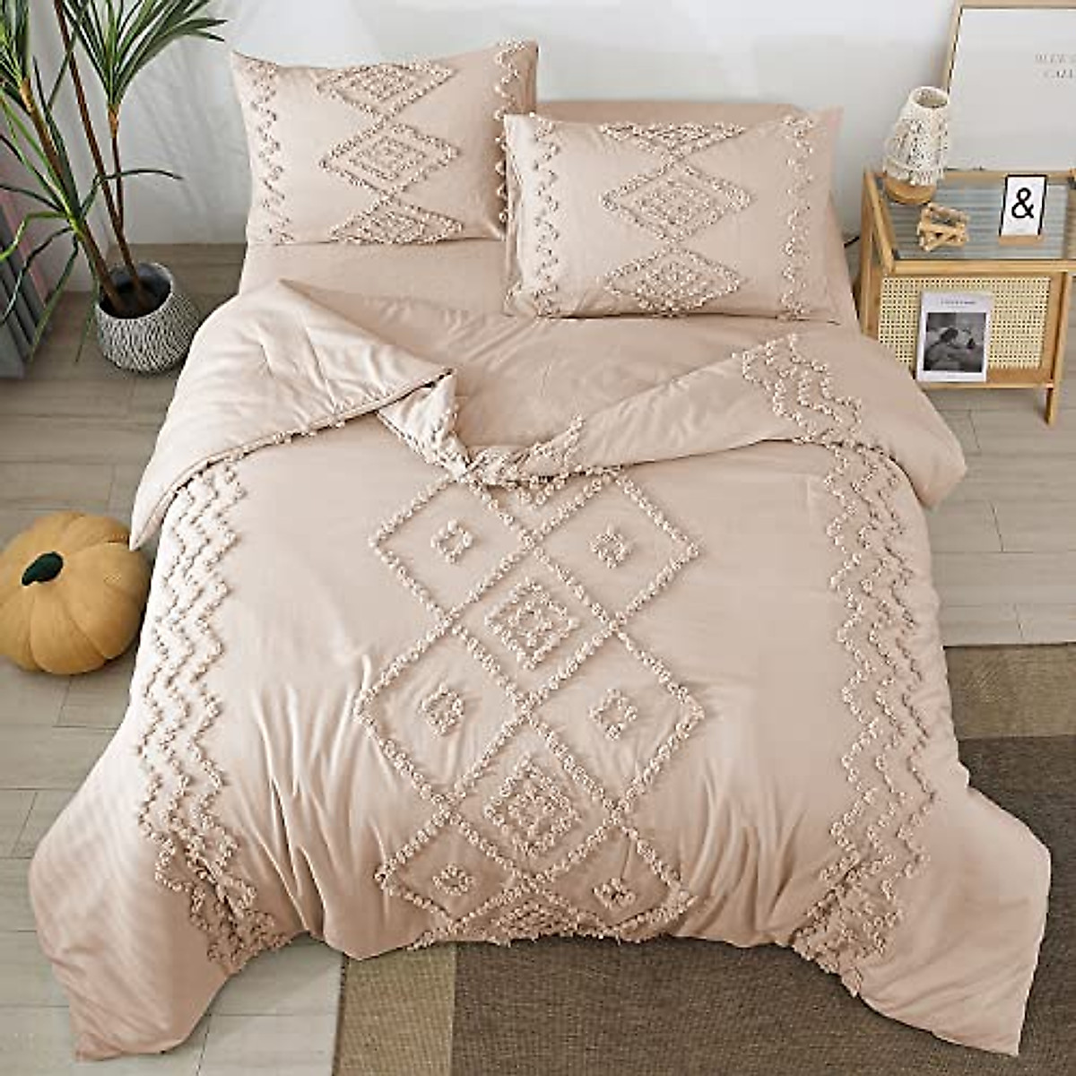 PERFEMET Beige Cream Comforter Set for King Size Bed - 3 Pieces Tufted Boho Farmhouse Bedding Set, Geometric Fluffy Rustic Bed Set for Bedroom