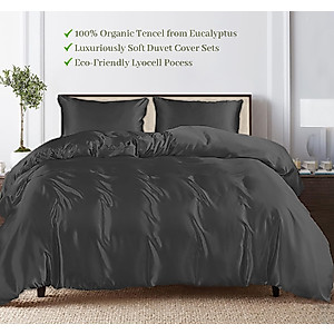 Linenwalas Tencel Lyocell Duvet Cover Set with Deep Pocket Fitted Sheet, Viscose Made from Eucalyptus Soft, Lightweight and Breathable Complete Bedding Set (Charcoal Grey, King)