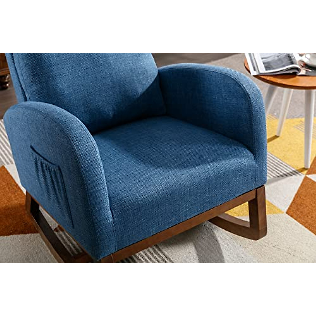 EEBUIHUI Modern Rocking Chair, Upholstered Linen Armchair with Solid Wood Legs Rocker Chair with Thick Padded Seat, Vintage Style Accent Furniture for Living Room, Bedroom, Nursery (Blue)