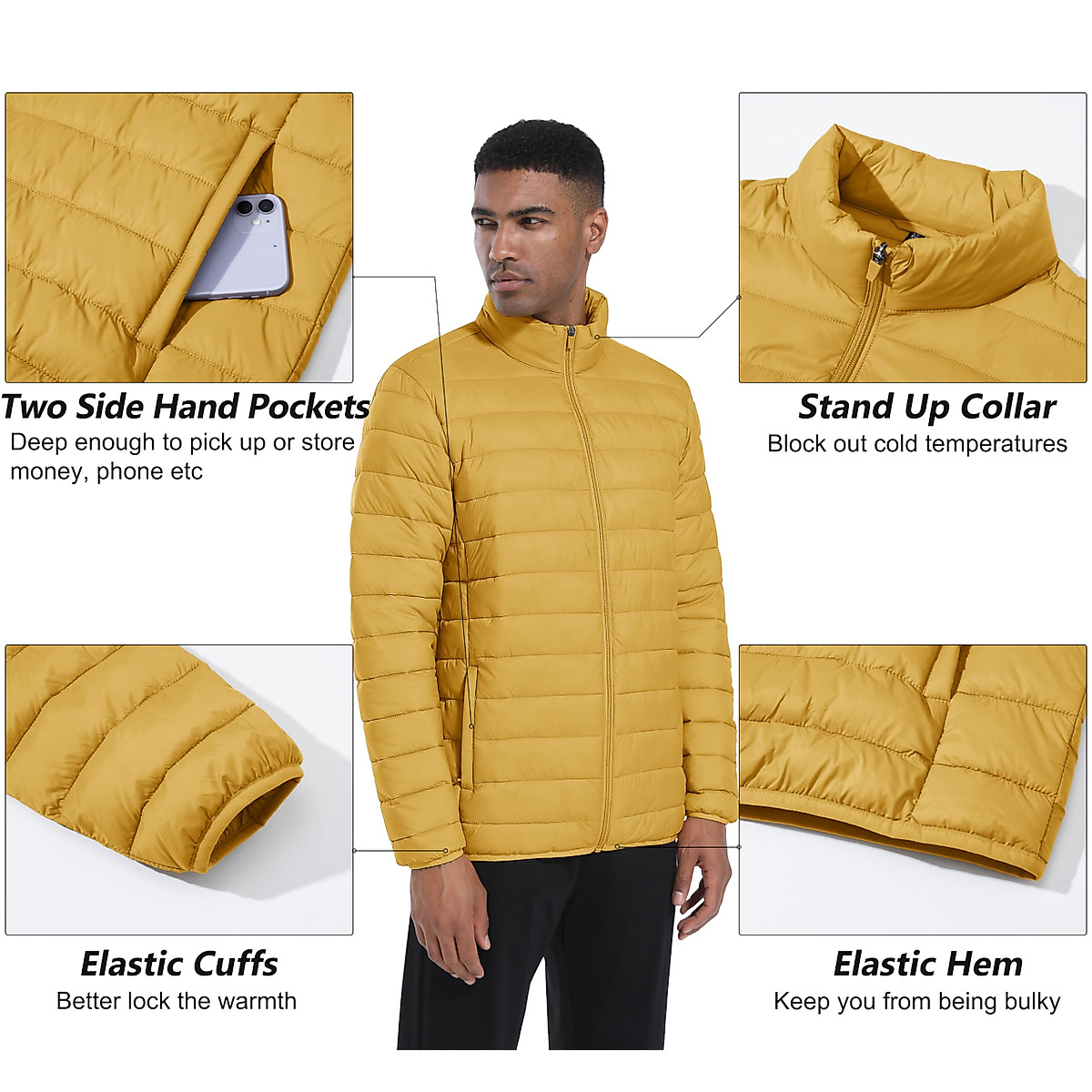 MAGCOMSEN Puffer Jacket Men Packable Down Jacket Lightweight Winter Coats Waterproof Insulated Jacket Ginger L