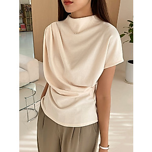 SweatyRocks Women's Casual Short Sleeve Mock Neck Tee Top Asymmetric Ruched Plain T Shirt Beige L