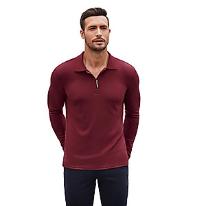 COOFANDY Men's Fitted T Shirts Long Sleeve Slim Fit Knitted Muscle Polo Shirts Stretch Pullover Shirts for Men Wine Red