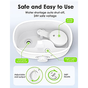 Oraimo Humidifiers for Bedroom, Top Fill Cool Mist Humidifier, 26dB Quiet, Easy to Clean, 2.5L Ultrasonic Humidifier & Essential Oil Diffuser with Night Light, BPA-Free, Humidifier for Baby White