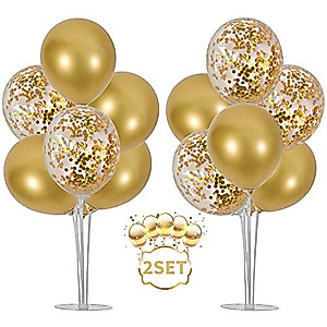 TONIFUL Balloons Stand Kit Table Decorations,2 Set with 14 Sticks, 14 Cups, 2 Base, 16 Gold Balloons for Wedding Graduation 30th 40th 50th 60th 70th 80th 90th 100th birthday table decorations