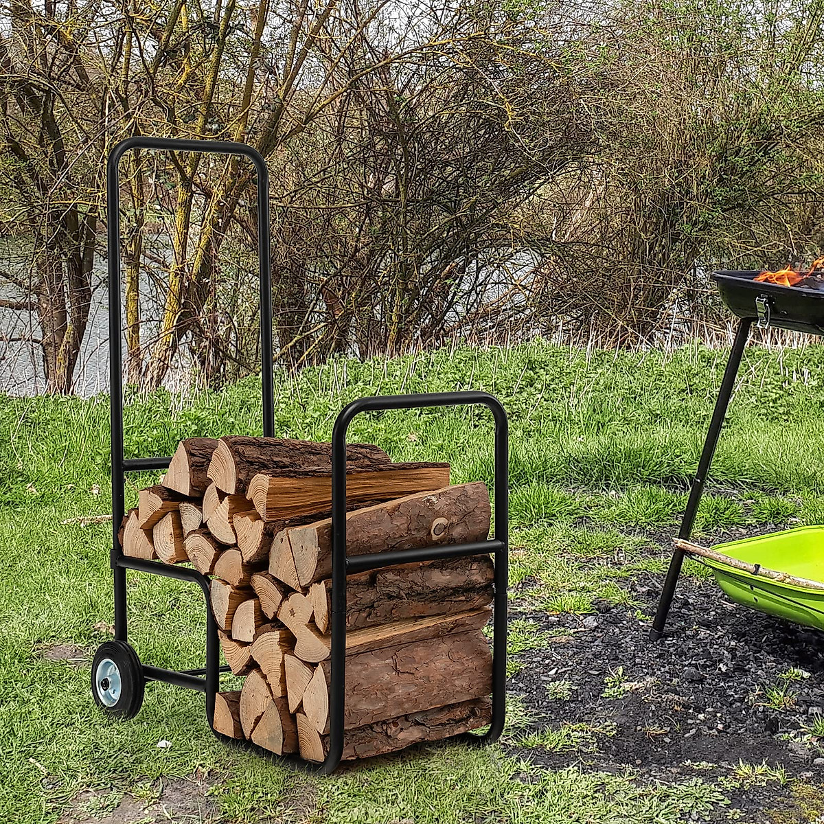 Goplus Firewood Log Cart Carrier, Anti-Slip and Wear-Resistant Wheels, Steel Frame, Large Loading Space, Sturdy Construction, Wide Application, Simple Installation