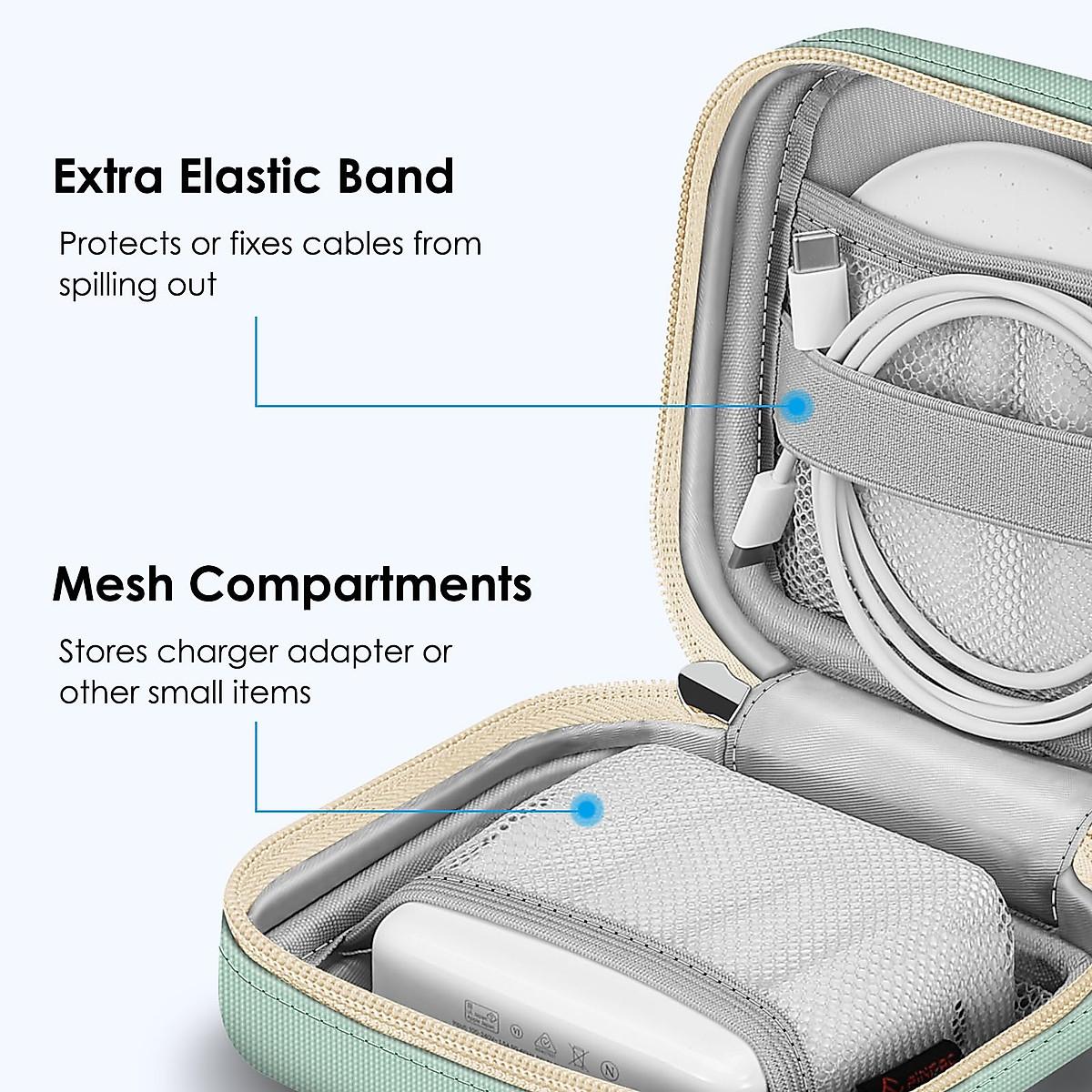 FINPAC Charger Case for MacBook, Small Electronic Organizer Bag for MacBook Power Adapter, Portable Pouch Travel Storage for Laptop Accessories, Magic Mouse, USB Drives, GoPro, Gadgets - Light Green