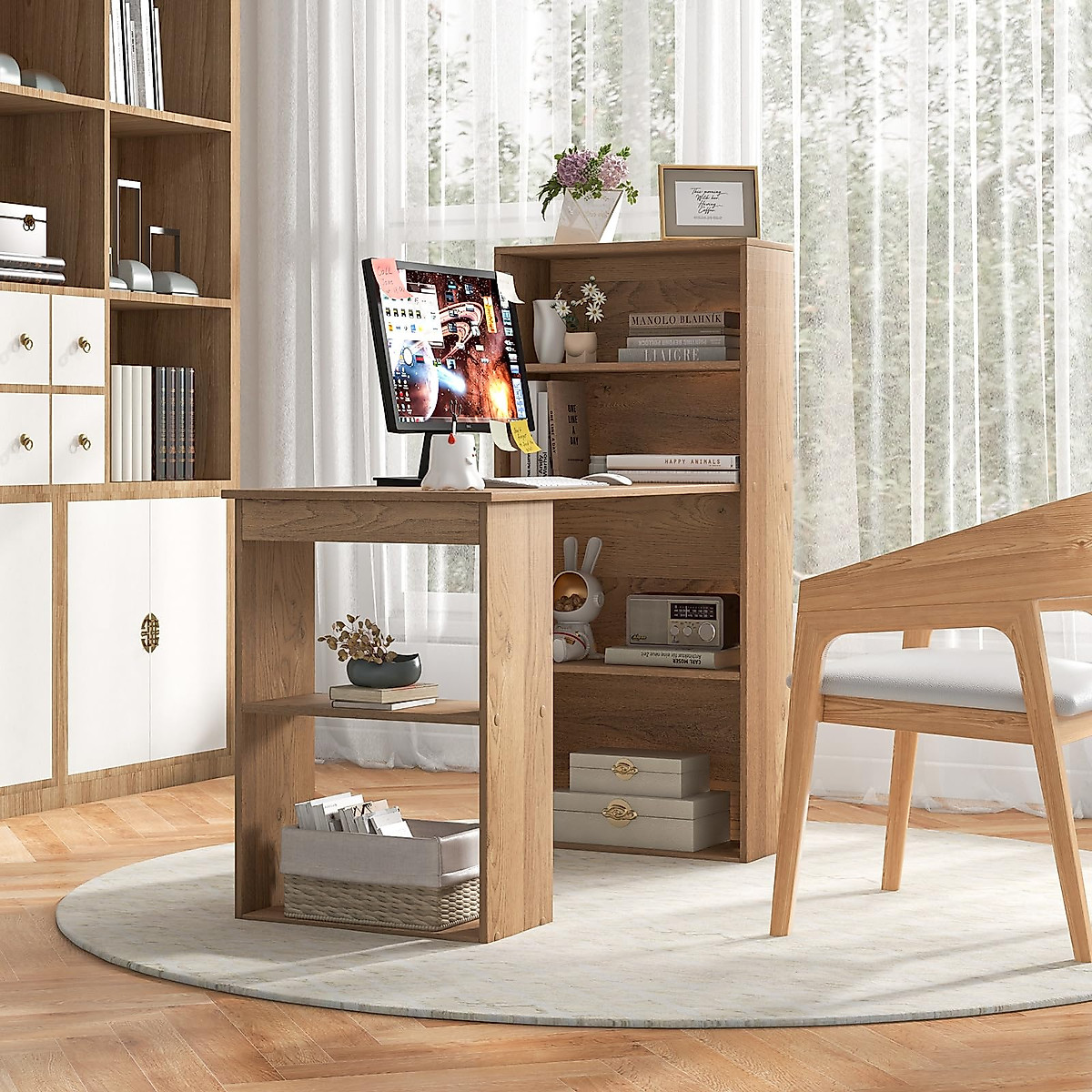 GRAFFY Computer Desk with Shelves, Natural