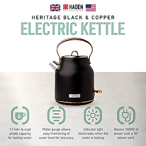 Haden Heritage 1.7L Stainless Steel Electric Water Tea Kettle, Black & Copper