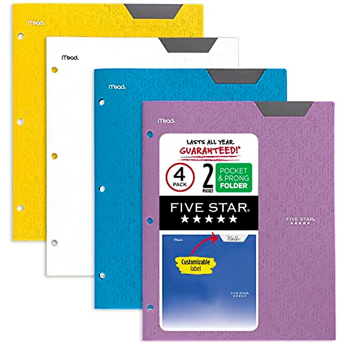 Five Star 2-Pocket Folder, Plastic Folders with Stay-Put Tabs, Fits 3-Ring Binder, Holds 8-1/2” x 11" Paper, Writable Label, Assorted Colors (38065), 4 Count (Pack of 1)