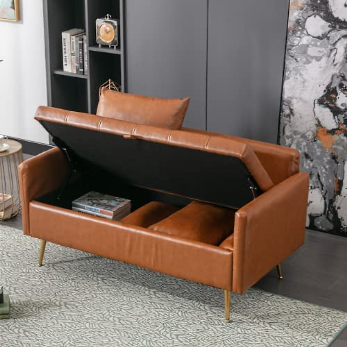Ya-Home Modern Loveseat Sofa Comfy PU Leather with Armrest and Pillows, Upholstered Tufted Couch Love Seat Sofa with Storage Function for Living Room Office, Brown