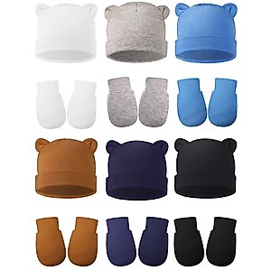 Geyoga 12 Pieces Newborn Hat Mittens Gloves Set Baby Boys Girls Cotton Baby Beanie for 0-12 Months