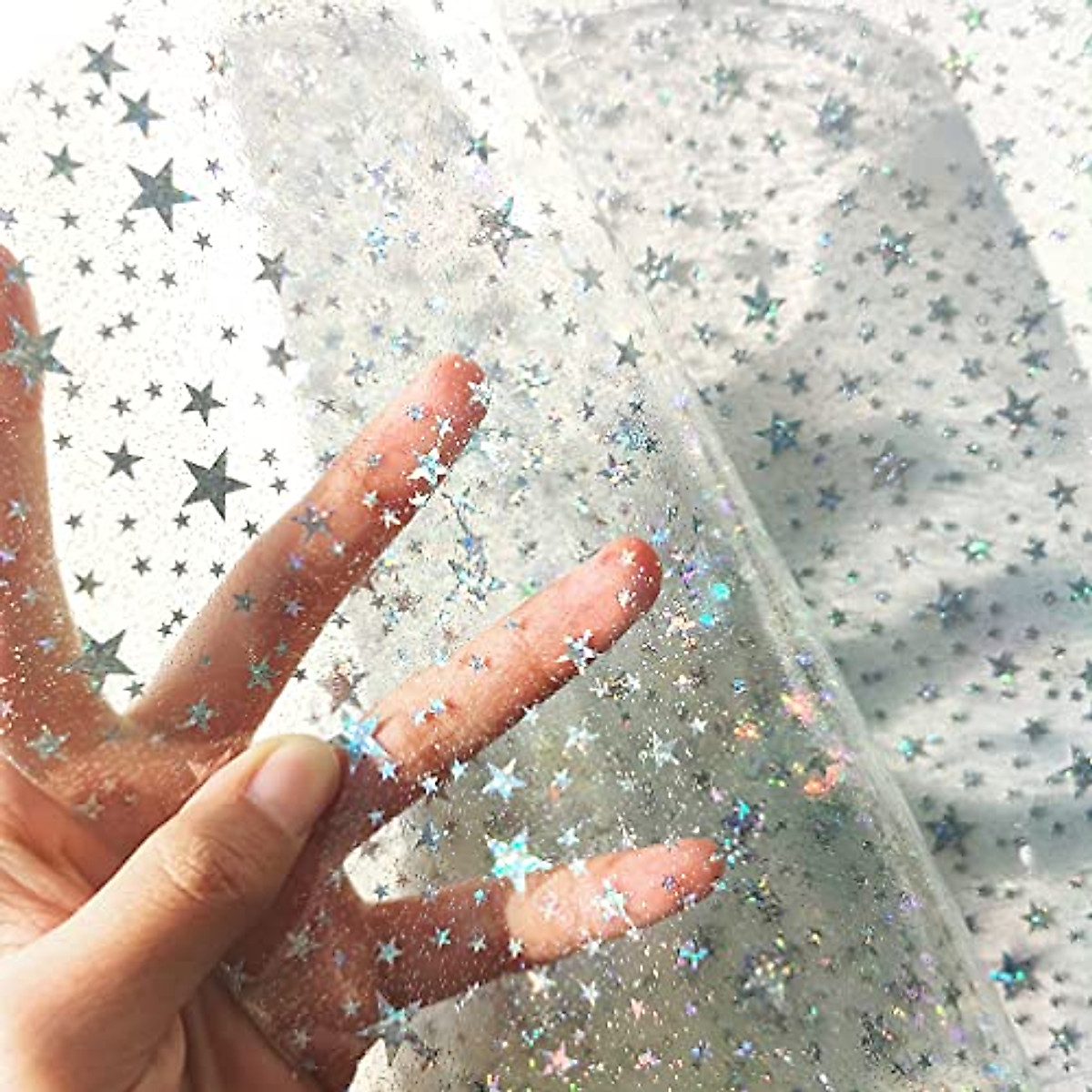HYANG Holographic Star Transparent PVC Super Clear Holographic Vinyl Faux Leather Sheets 1 Roll 12"X47" (30cmX120cm) for DIY Bows Earrings Bags DIY Crafts Making