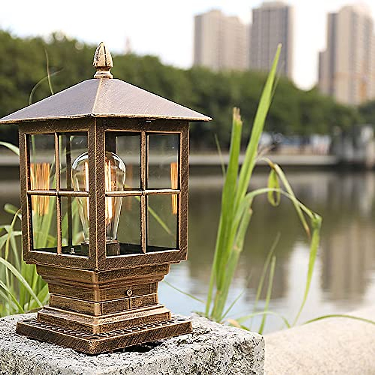 CZLZY European Style E27 Pillar Lamp Outdoor Courtyard Fence Post Light Waterproof IP54 Glass Lampshade Garden Lawn Decoration Column Light Base Landscape Light Pillar Pole Lamp