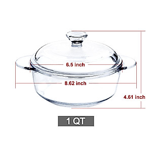 HUSANMP Clear Round Glass Casserole with Lid, Baking Dish with Glass Cover, Glass Casserole for Oven, Freezer and Dishwasher Safe (1-Quart Round)