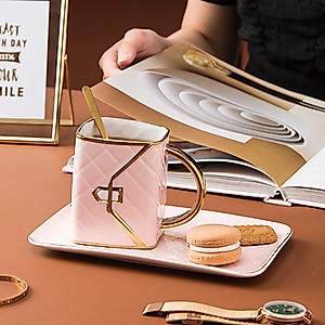 LISANEK Ceramic Coffee Mug with Saucer Set,Creative Cup Cute Handbag Shaped Mug and Saucer,10 oz/300 ml Coffee Tea Latte Milk Mugs for Home Office (Pink)