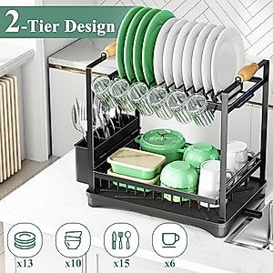 Dish Drying Rack for Kitchen Counter - 2 Tier Dish Rack with Drainboard, Stainless Steel Large Dish Drainers, Black